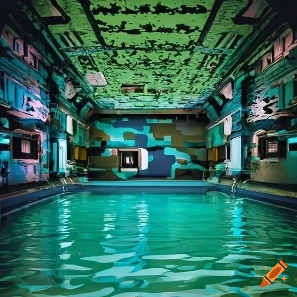 Underground computer room with camouflage colors and a central pool on ...