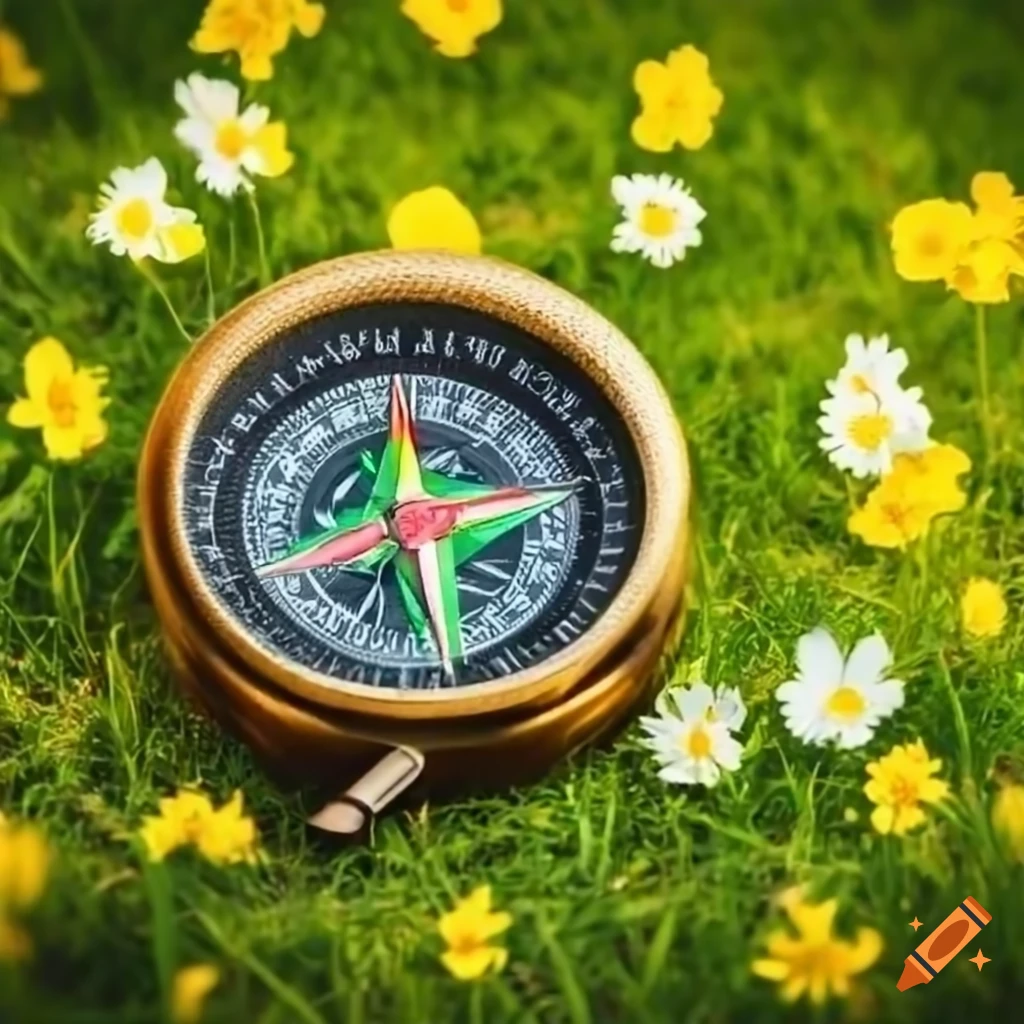 Map, thumb compass, and running vest on grass with spring flowers on ...