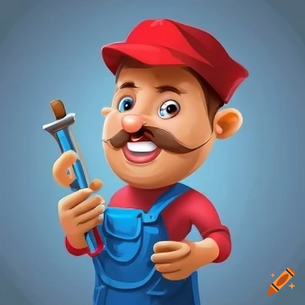 Cartoony happy plumber with red hat and overalls on Craiyon