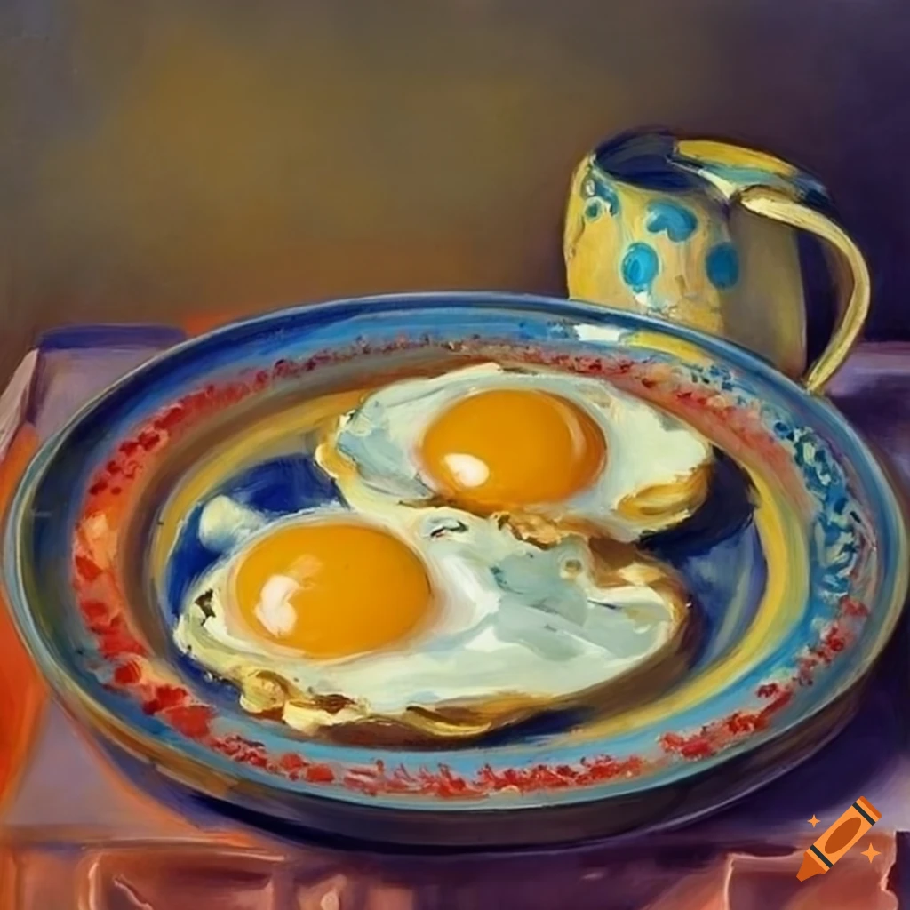 Baroque Renaissance still life painting of colorful plate with fried ...