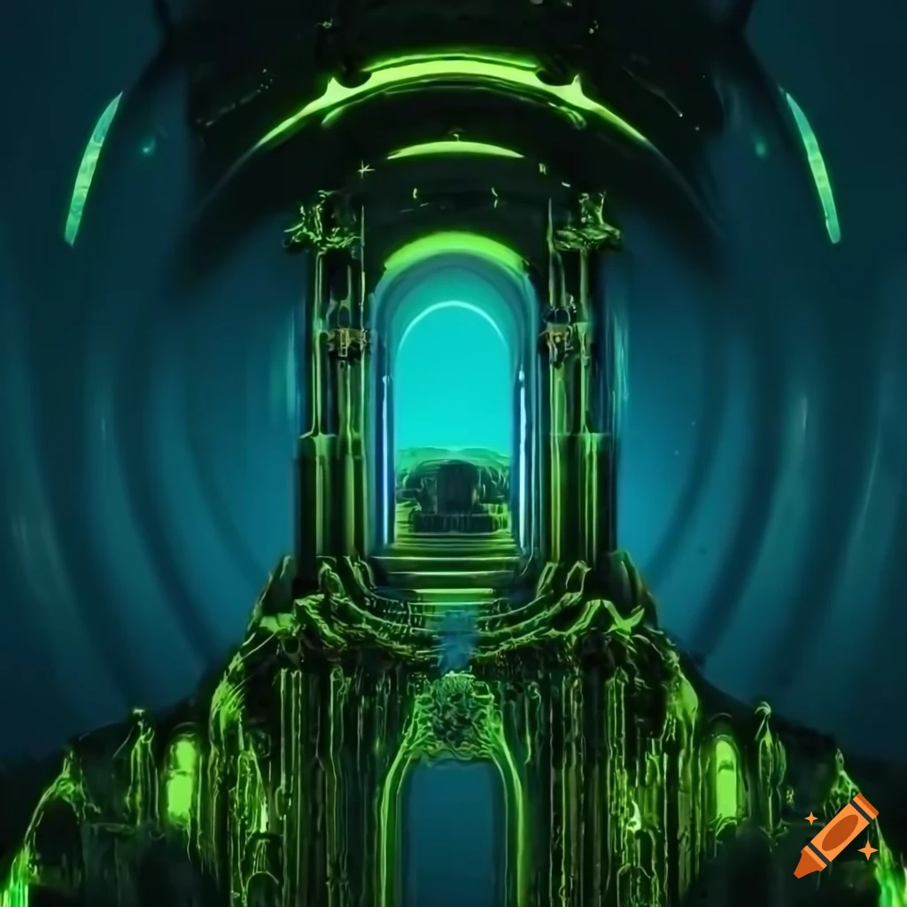 Cybernetic pillars and arches on a green planet surface in 8k ...