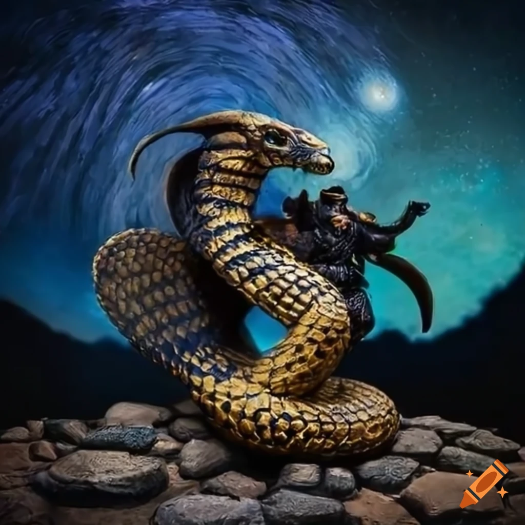 Epic cobra statue battling a warhammer under a starry night on Craiyon