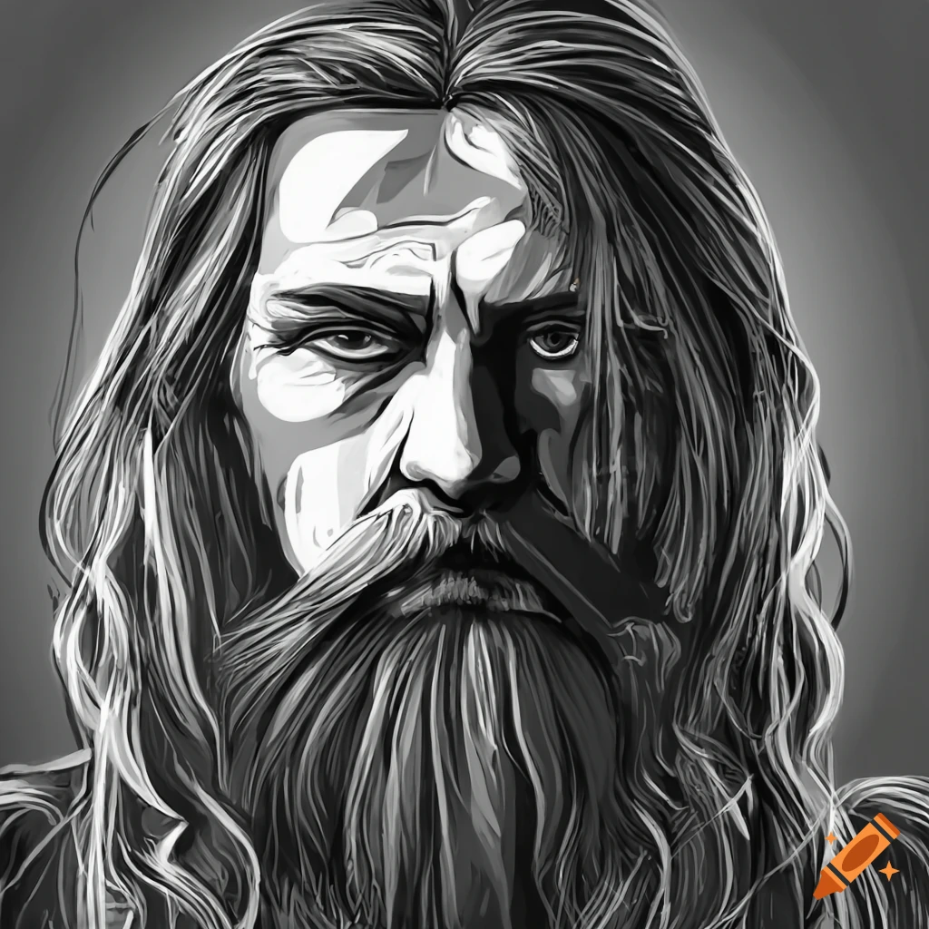 Portrait of an ancient Slavic warrior with long dark hair and beard in ...