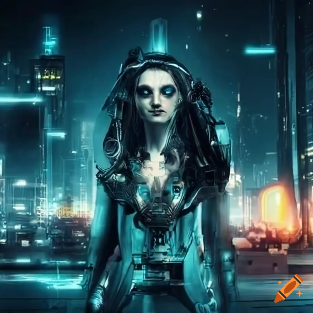 Clockwork mechanical woman walking in a sci-fi city on Craiyon