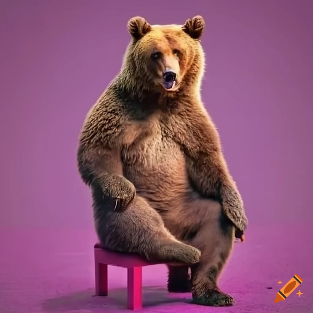 Grizzly bear sitting on a small pink chair on Craiyon