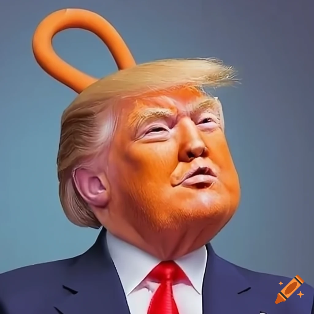 Satirical art of donald trump's face on an orange teletubby on Craiyon