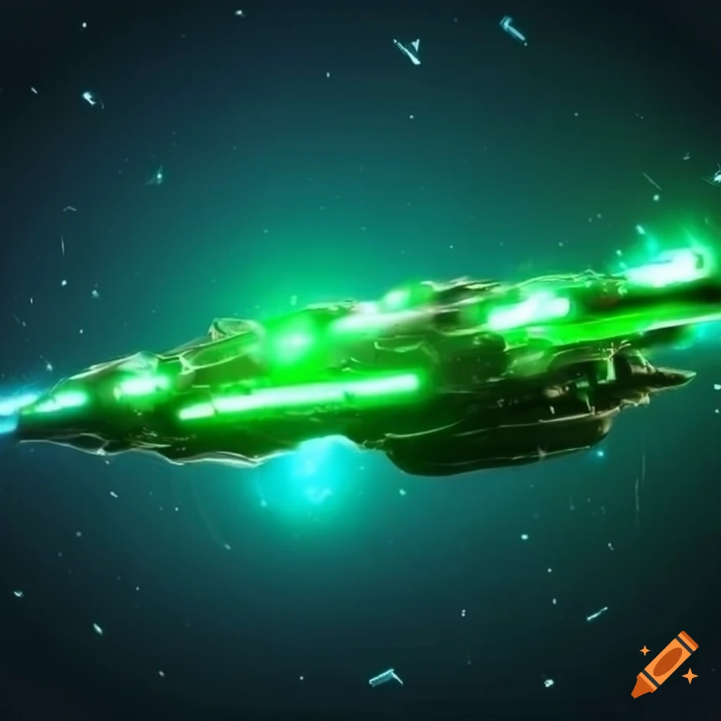 Glowing green and shiny gray spaceship on Craiyon
