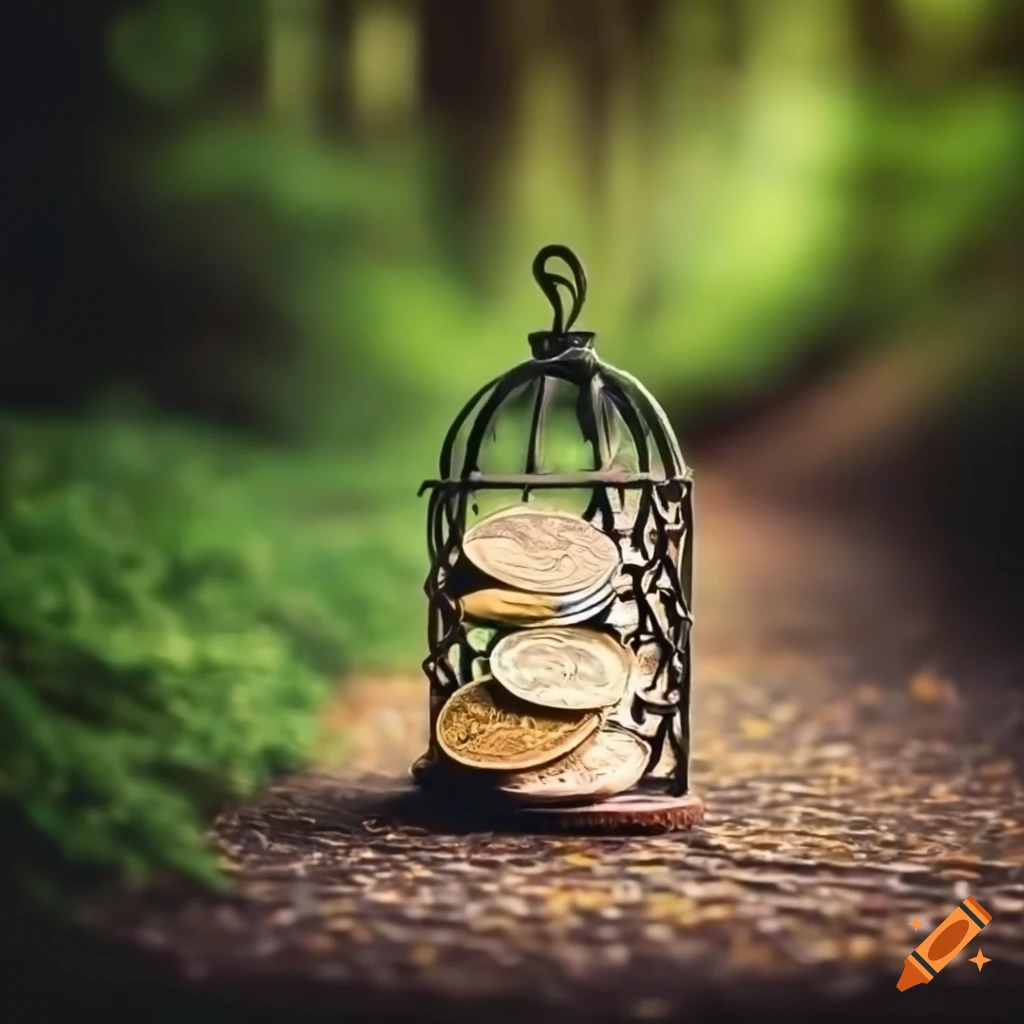 Coins in a cage on a forest path on Craiyon