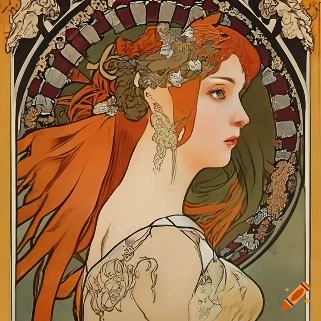 Woman with a Caucasian wolf in the style of Alphonse Mucha on Craiyon