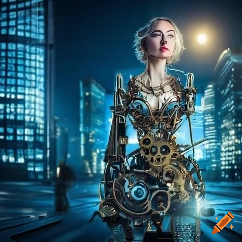 Clockwork mechanical woman in a futuristic city at dawn on Craiyon
