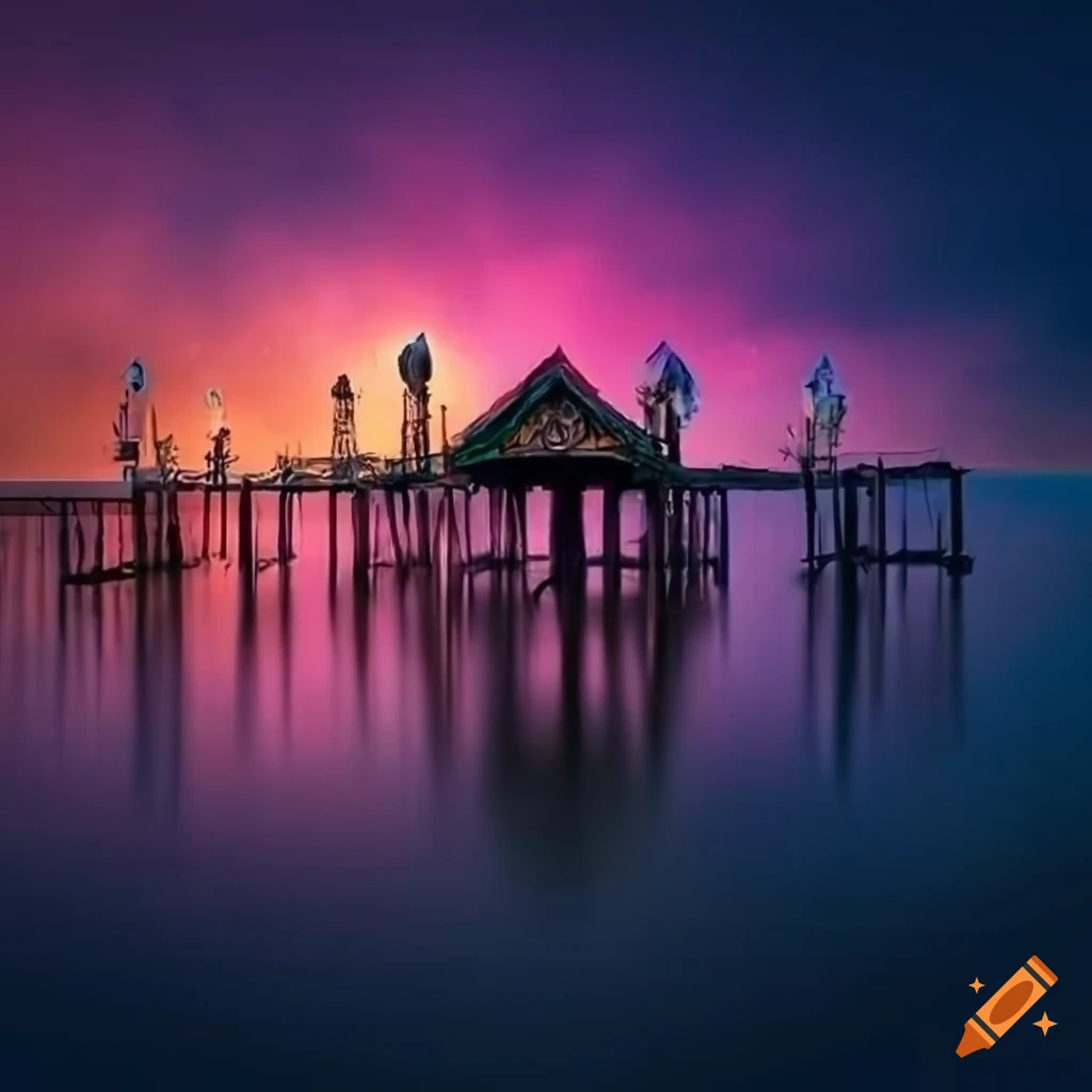 Vibrantly colored floating stilt town with celestial themes in high ...