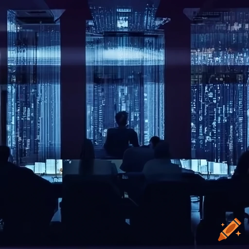 Team analyzing complex data sets in dimly lit conference room on Craiyon