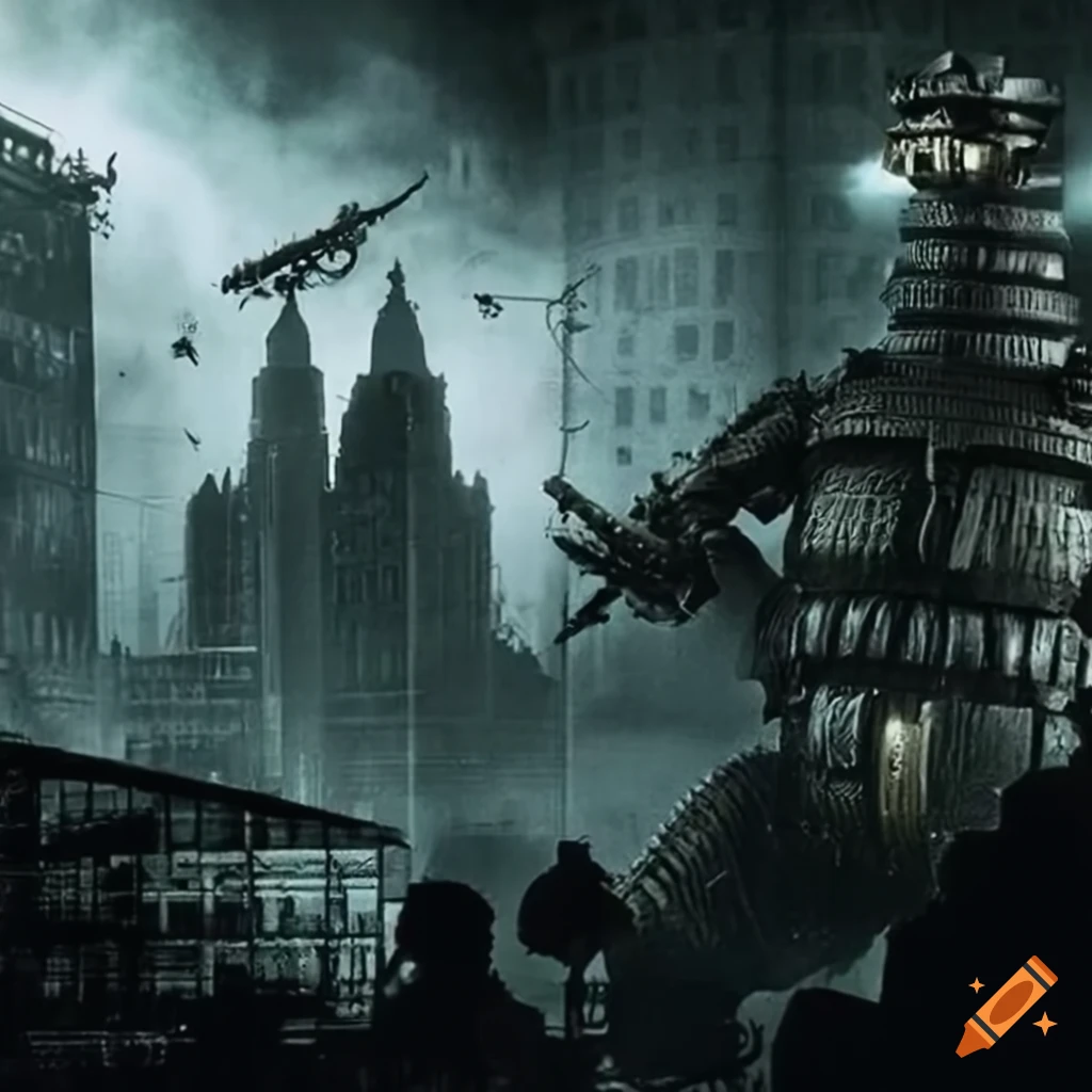 Metropolis under attack by Steampunk Mechagodzilla in old war ...