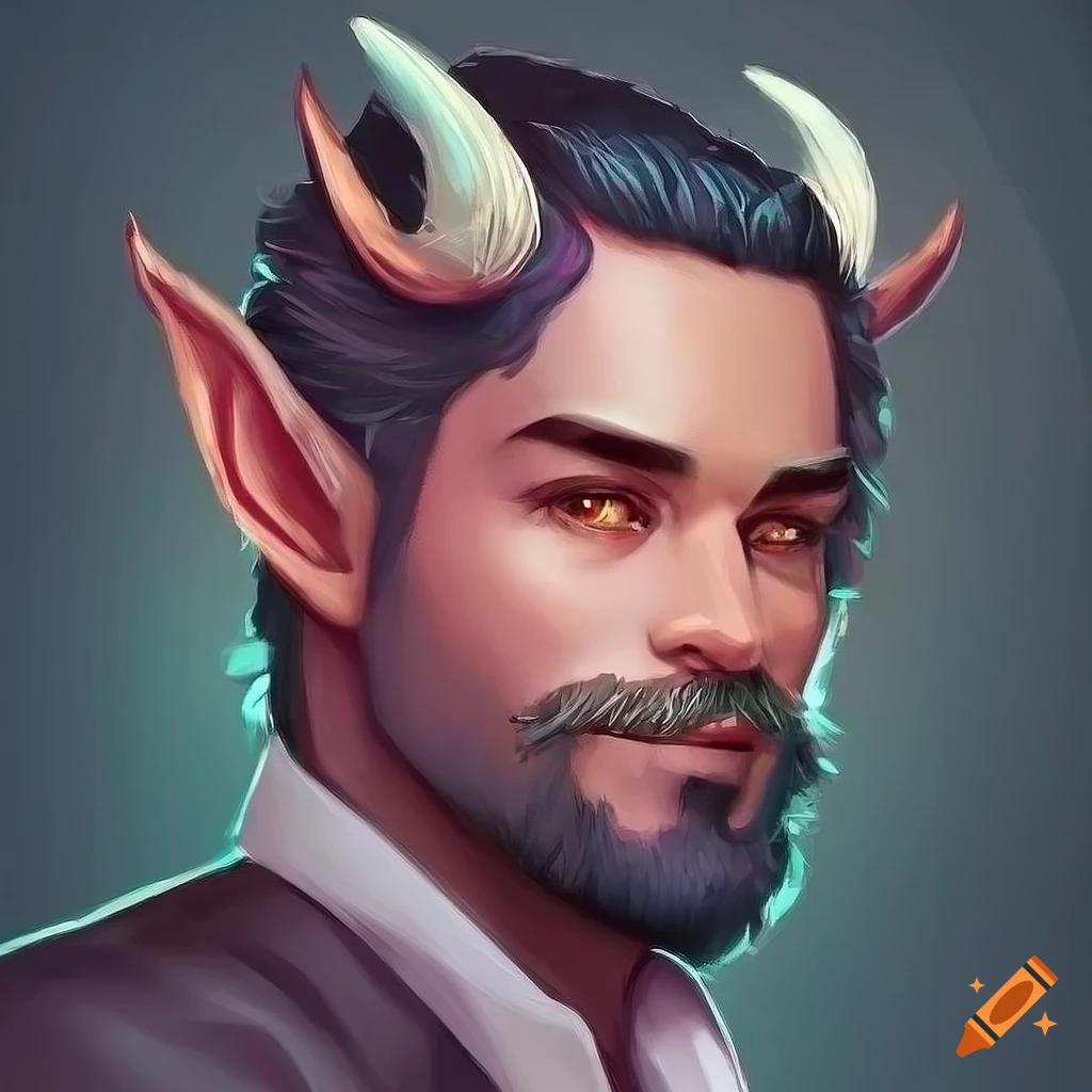 Portrait of a handsome tiefling male with horns in detailed digital ...