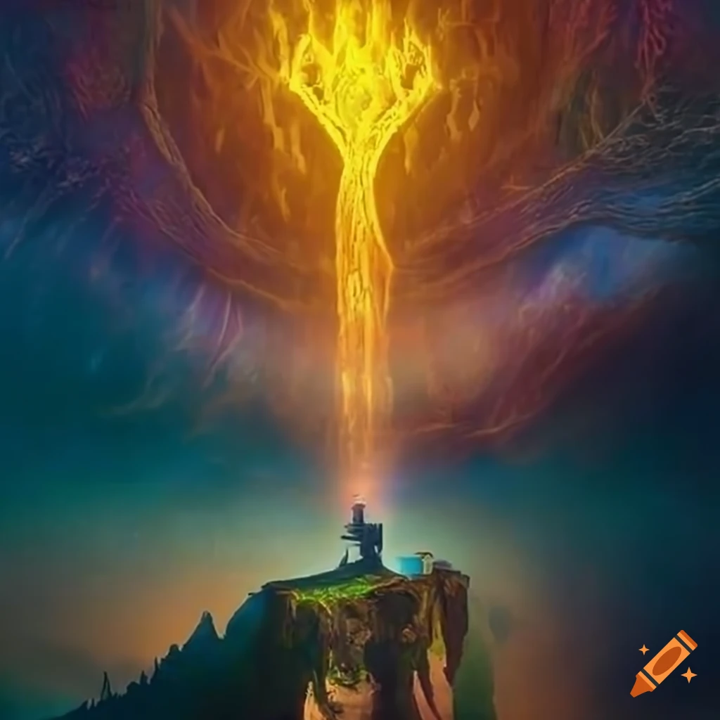 Enchanting fantasy realm with a towering golden tree and a knight ...