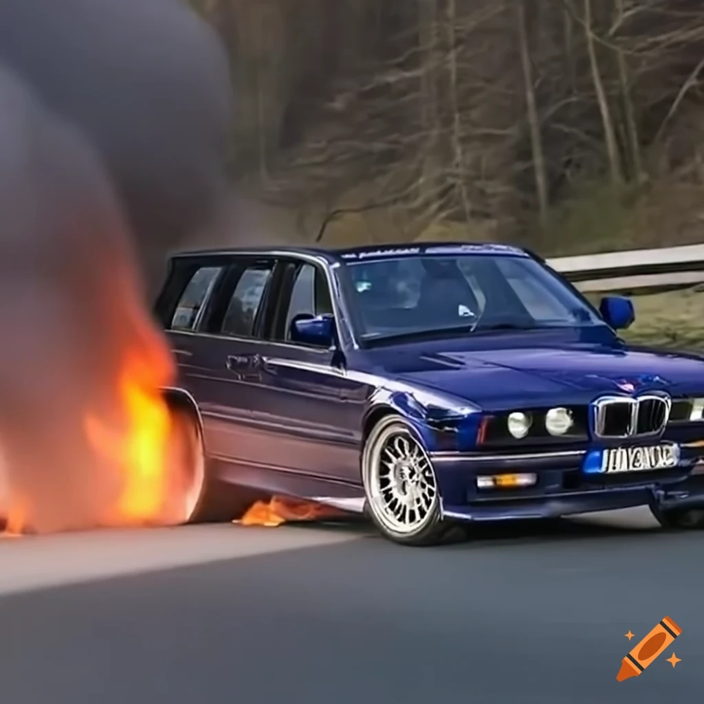 Dark blue bmw e34 touring speeding down motorway with flames on Craiyon