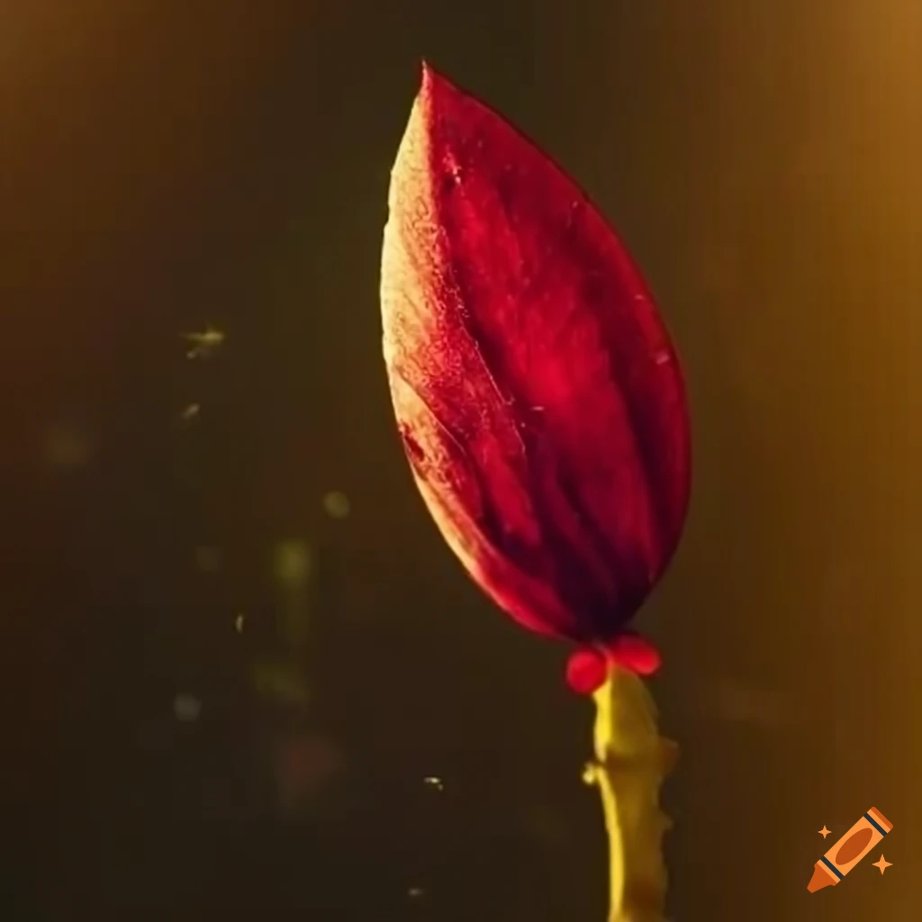 Rococo style painting of a mysterious red flower bud with golden leaves ...