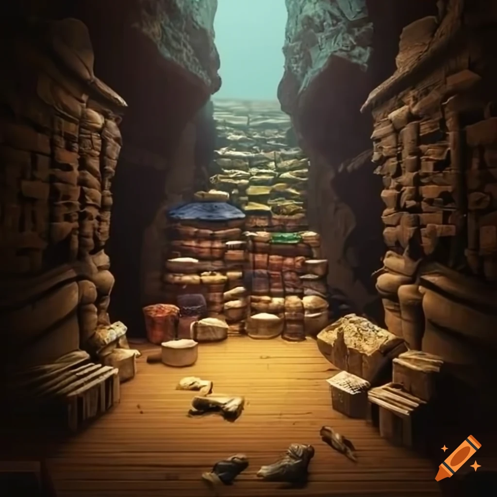 Large cave filled with crates of food and resources with weapons on the ...