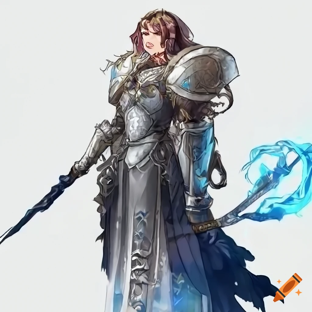 Colorful magic stones inlaid in cleric tank armor in anime style on Craiyon