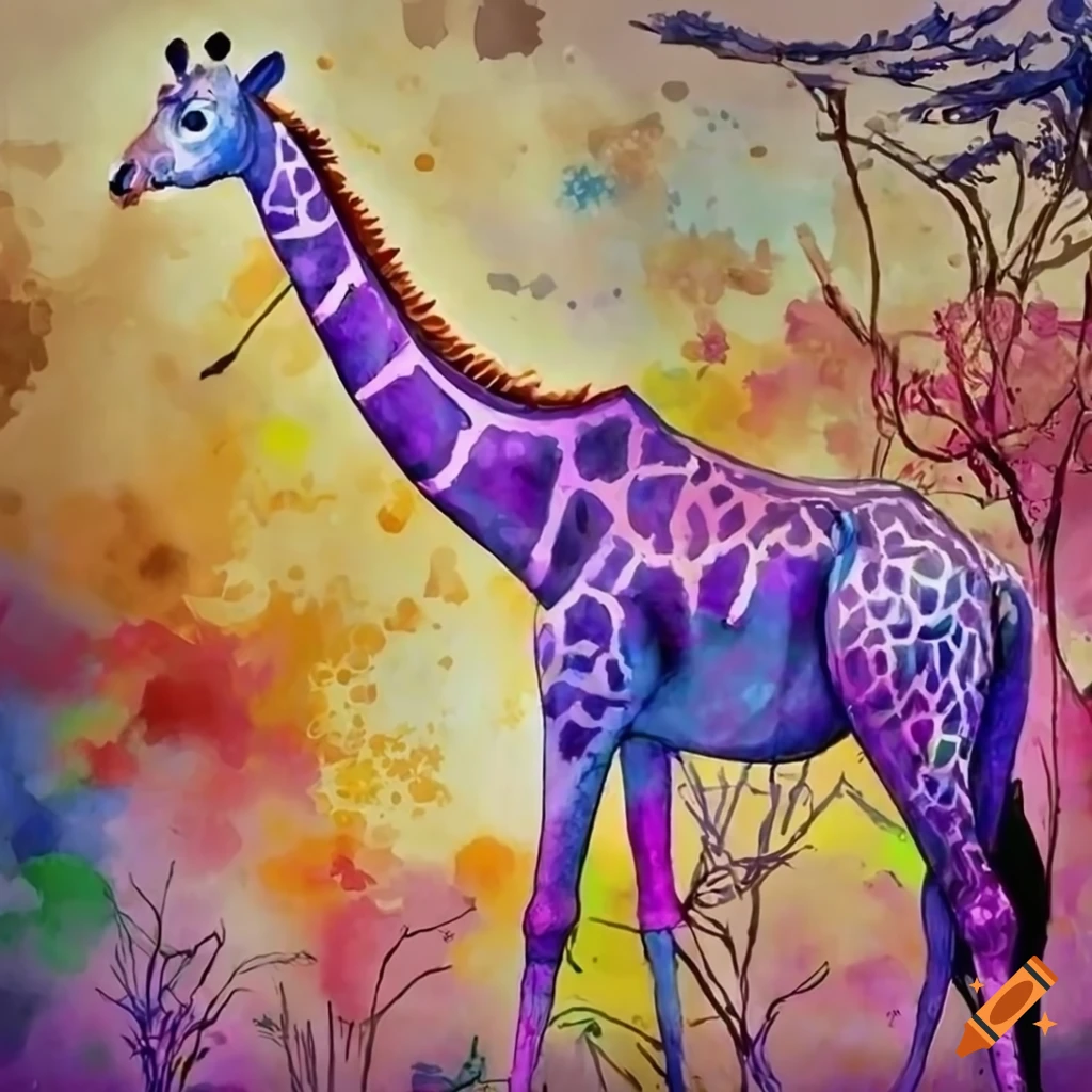 Majestic purple giraffe in a sunlit savanna on Craiyon