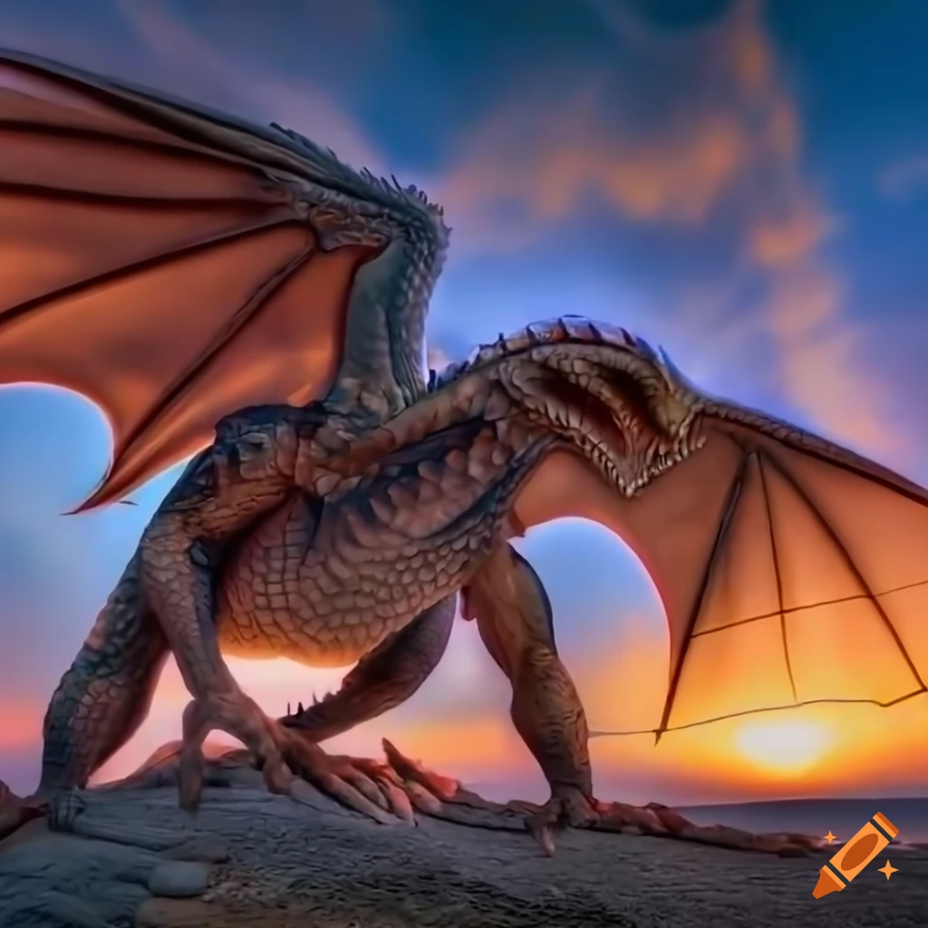 Benevolent dragons at sunset in high definition realism on Craiyon