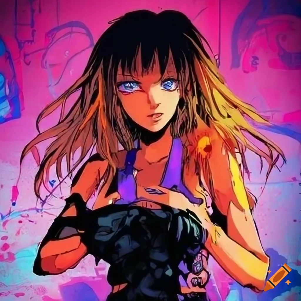 Gritty 80s-anime style artwork of cyborg character amelia shinjo on Craiyon