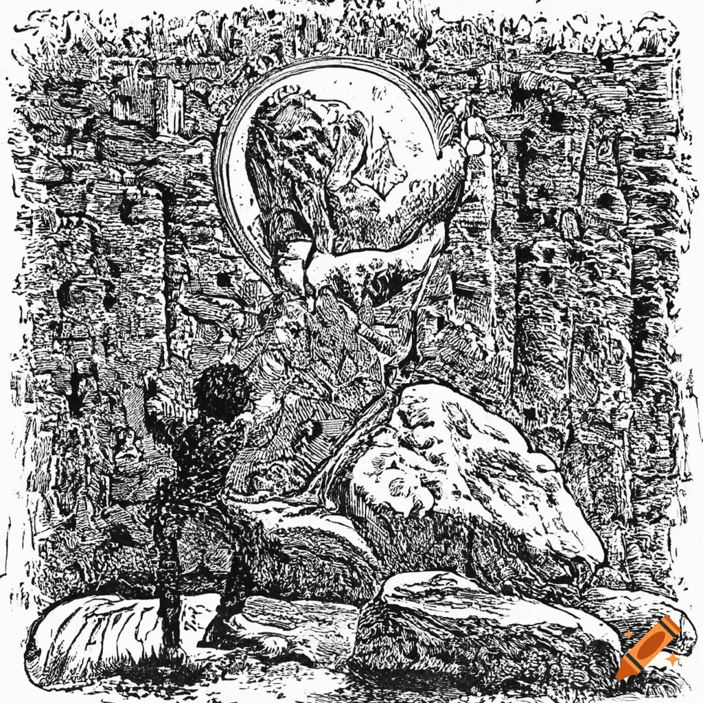Giant throwing a boulder at a castle wall in an engraving style on Craiyon