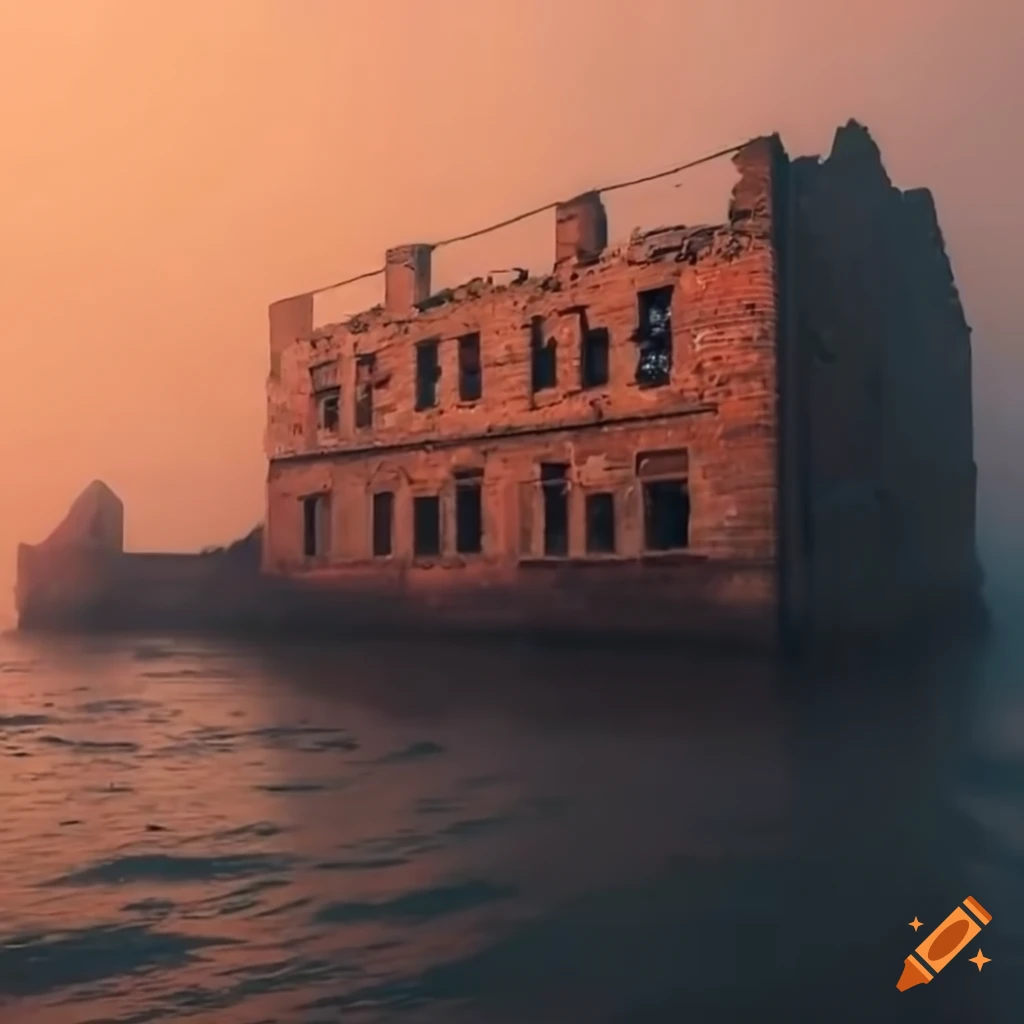 Crumbling abandoned brick buildings sinking into ocean in a pale orange ...