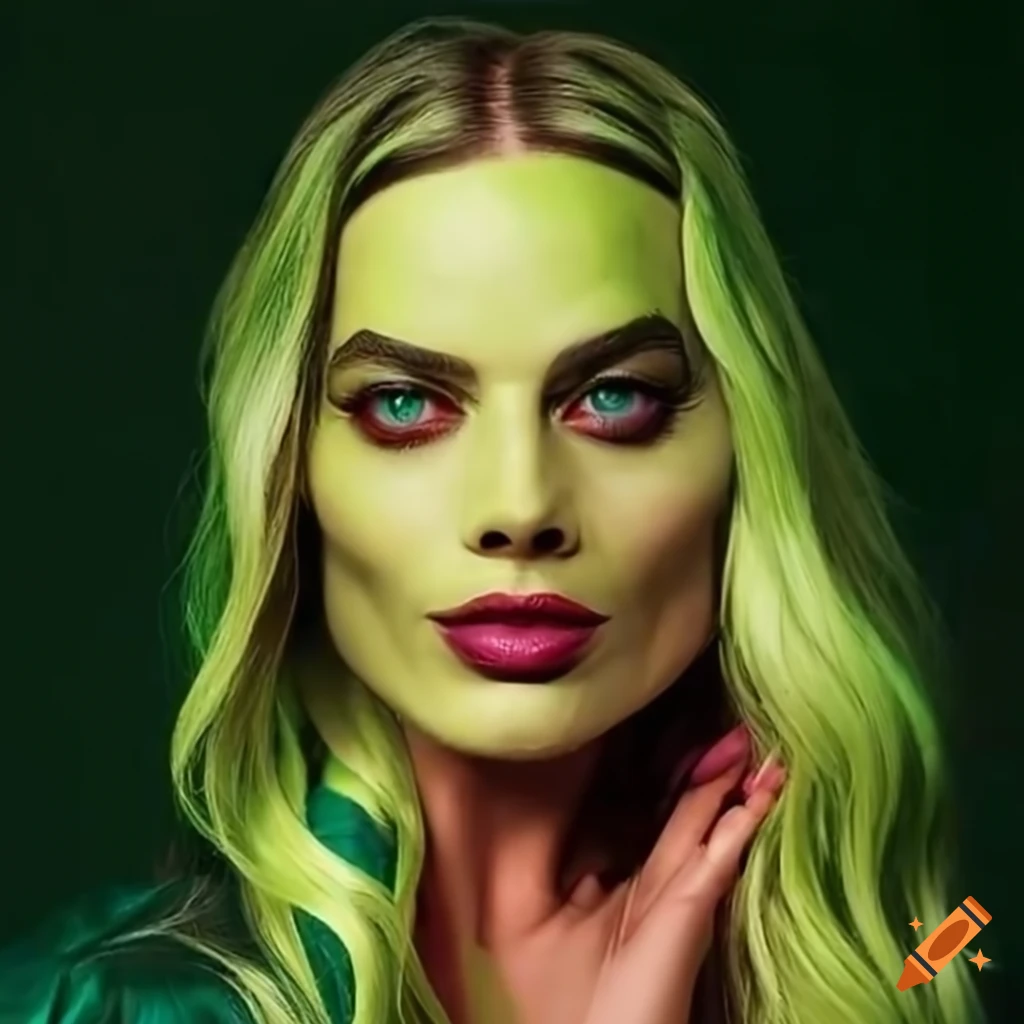 Cosplay of 'The Mask' by Margot Robbie with green face paint on Craiyon
