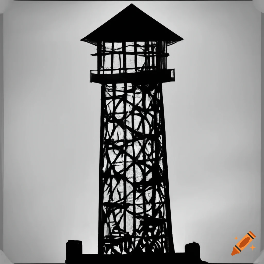 Black and white outline of a watchtower, suitable for stencils or acid etching on Craiyon