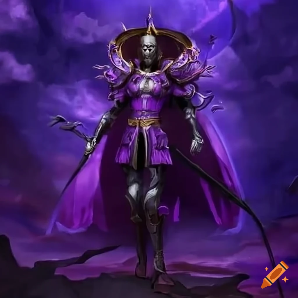 Powerful god in purple armor flying among metropolises on Craiyon