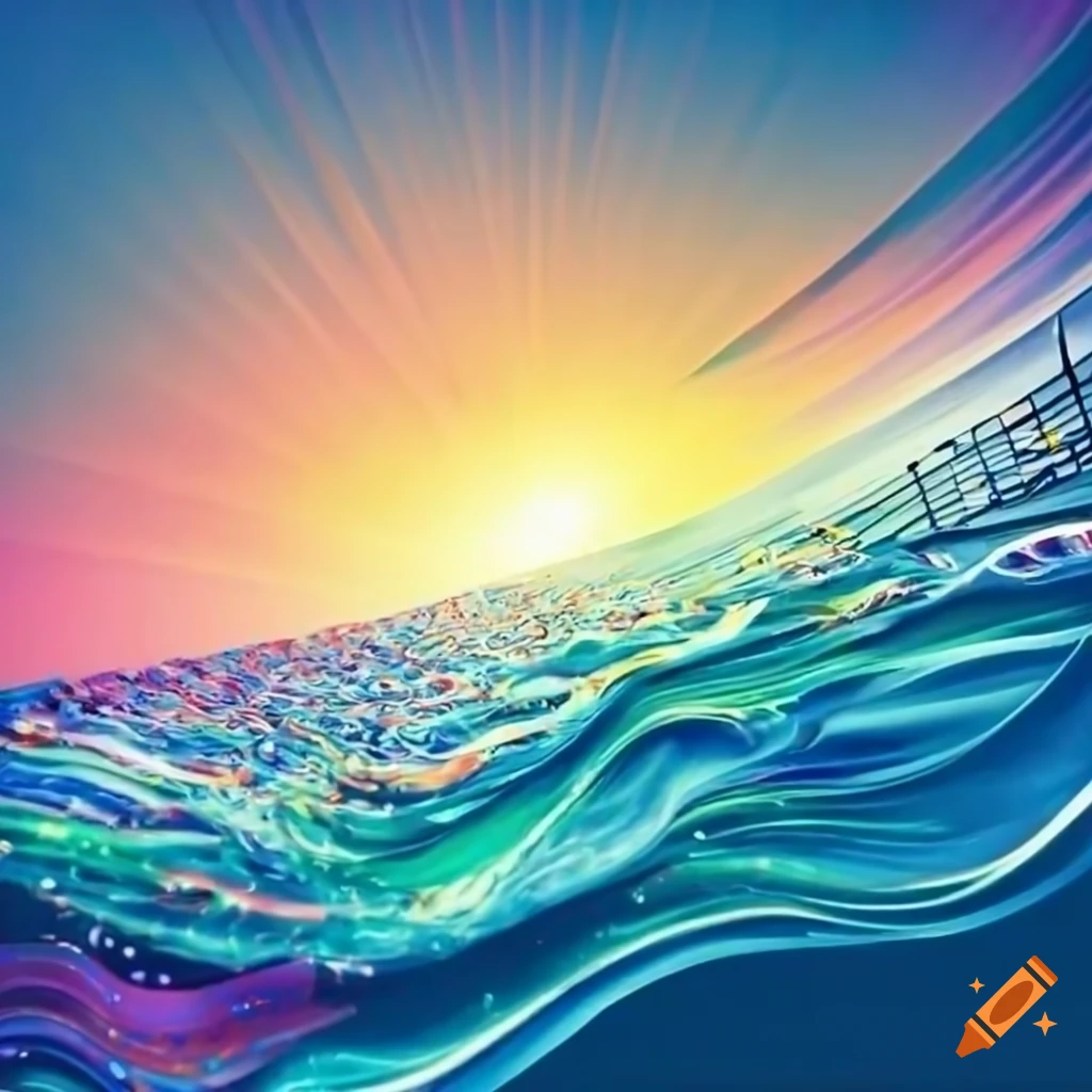 Vibrant composition of musical notes over the ocean with waves on Craiyon