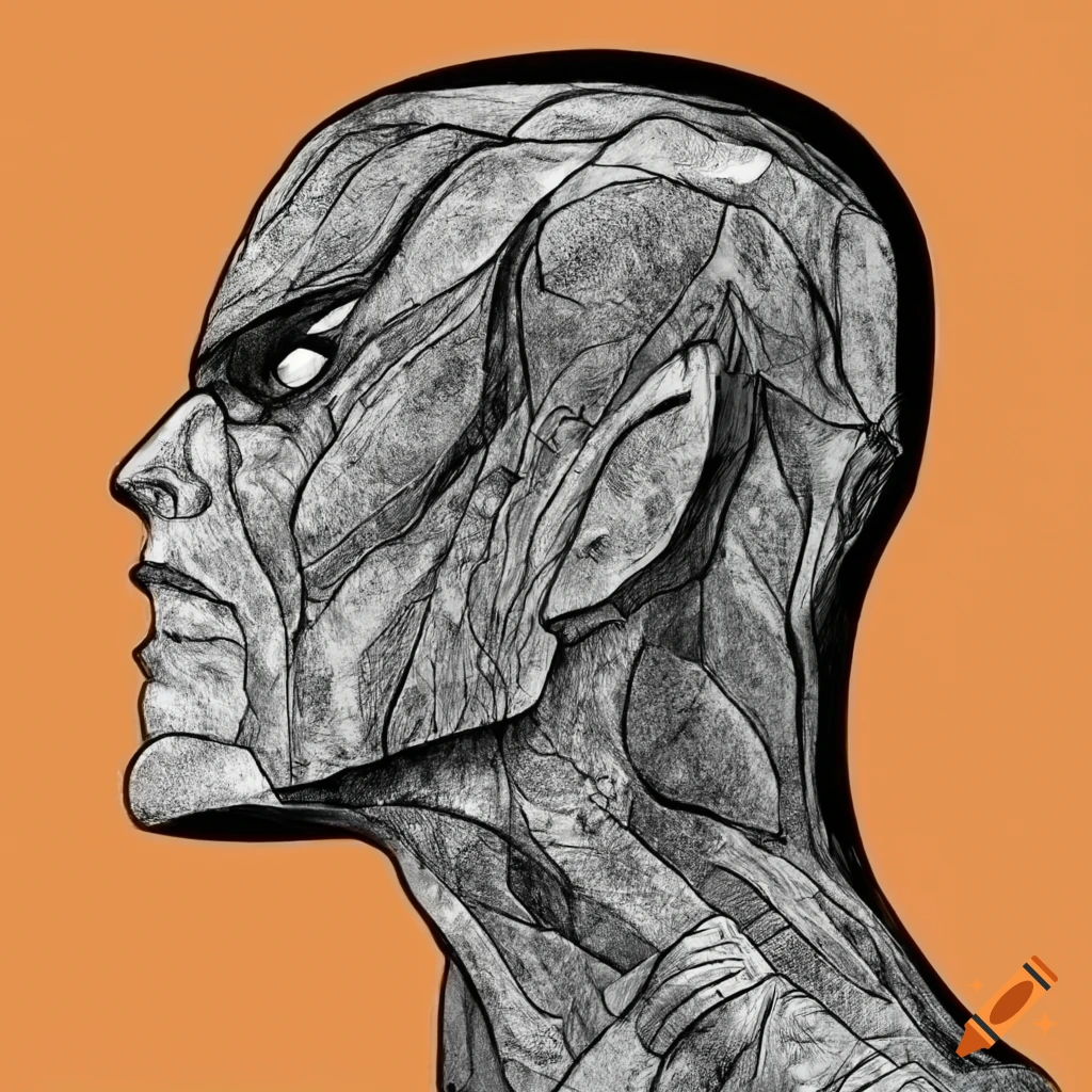 Side facing hand drawn marvel character in black and white with orange ...