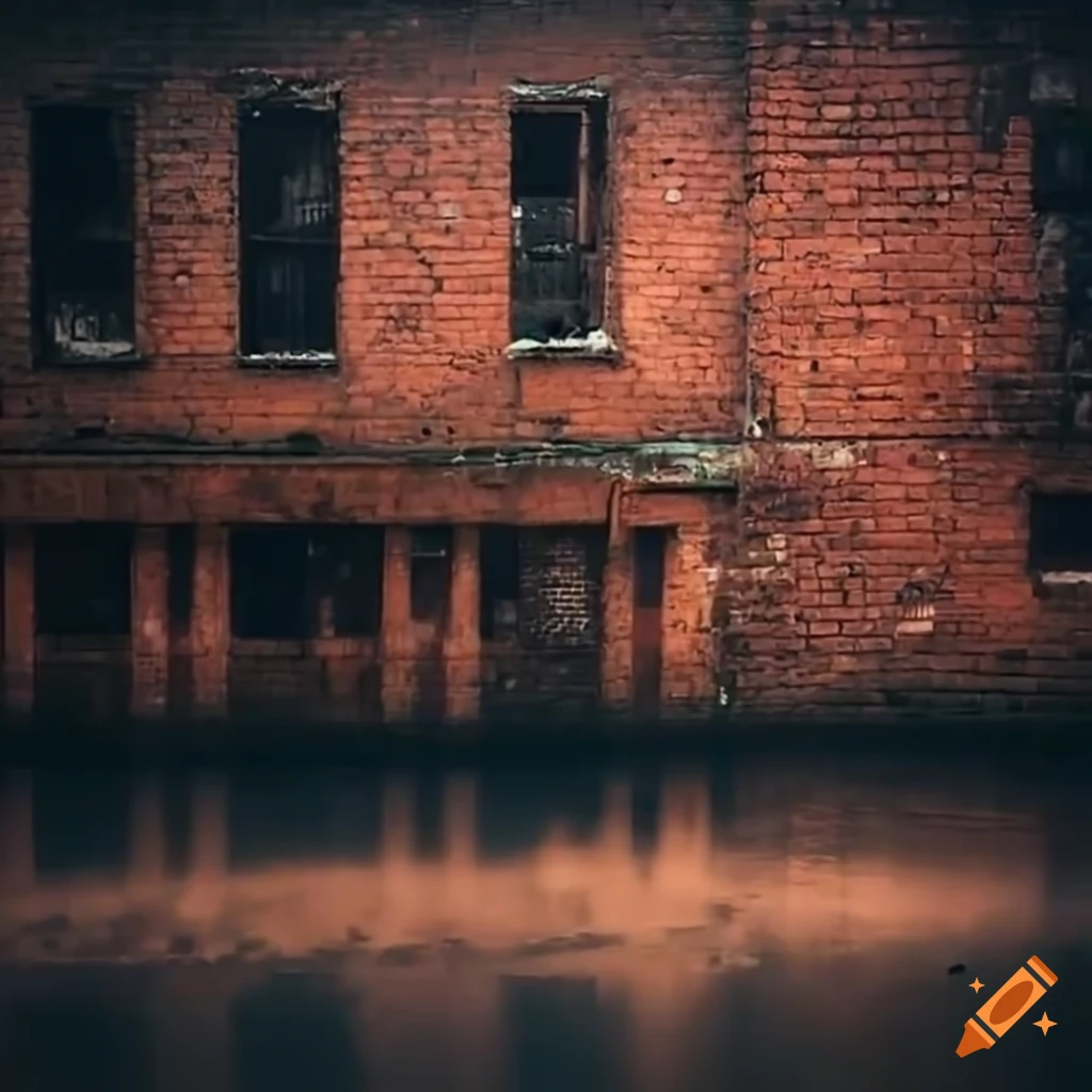 Close-up of crumbling abandoned brick buildings sinking into ocean in a ...