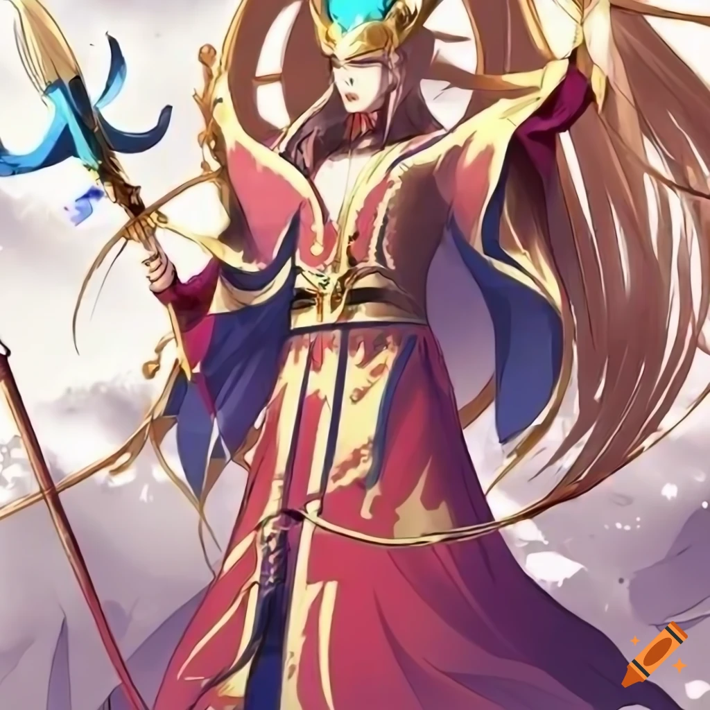 Anime-style depiction of god with royal robe, crown, and spear of wind ...