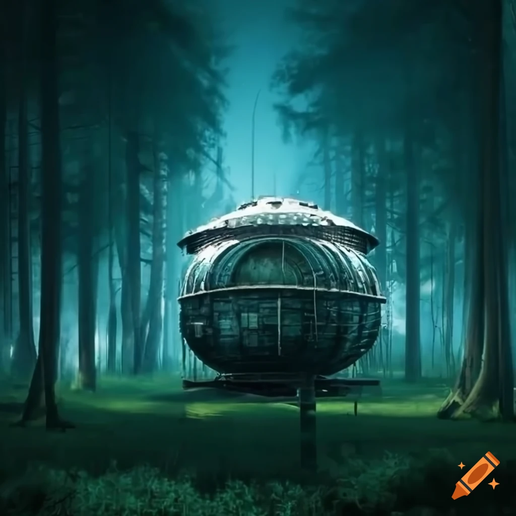Old industrial spaceship pod plummeting into dense forest with dangling ...