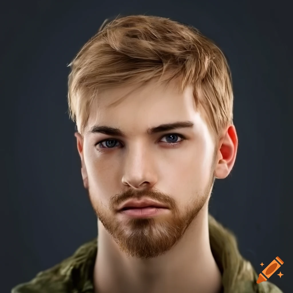 Portrait of a young soldier with blond hair and stubble beard on Craiyon