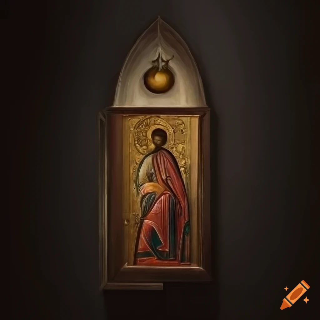 Detailed Russian icon hanging on a dark cathedral wall with urns and ...