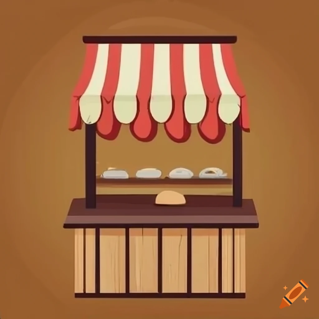 Cartoon style wooden market stand seen from above on Craiyon