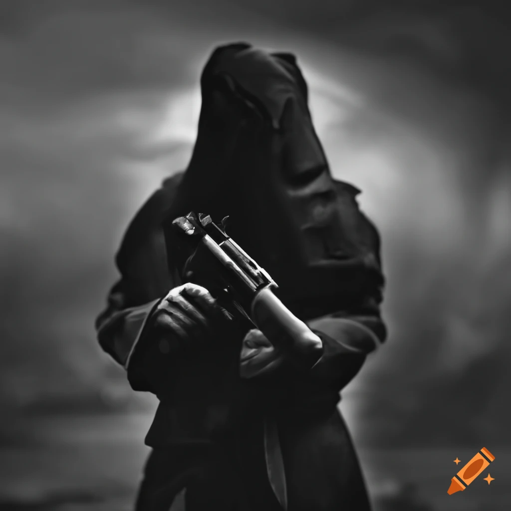 Ghost holding gun in black and white on Craiyon