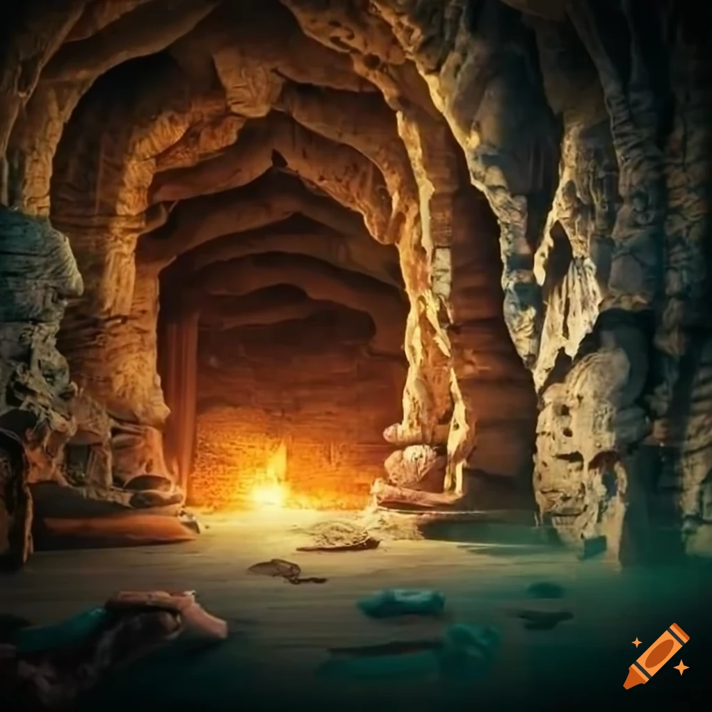 Large cave filled with crates of food and resources with weapons on the ...