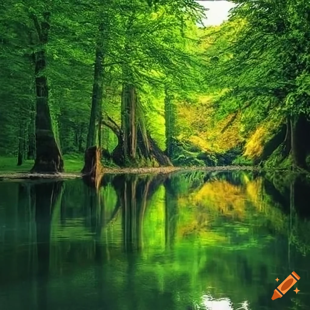 Serene and captivating lush green landscapes with majestic trees and vibrant plant life on Craiyon