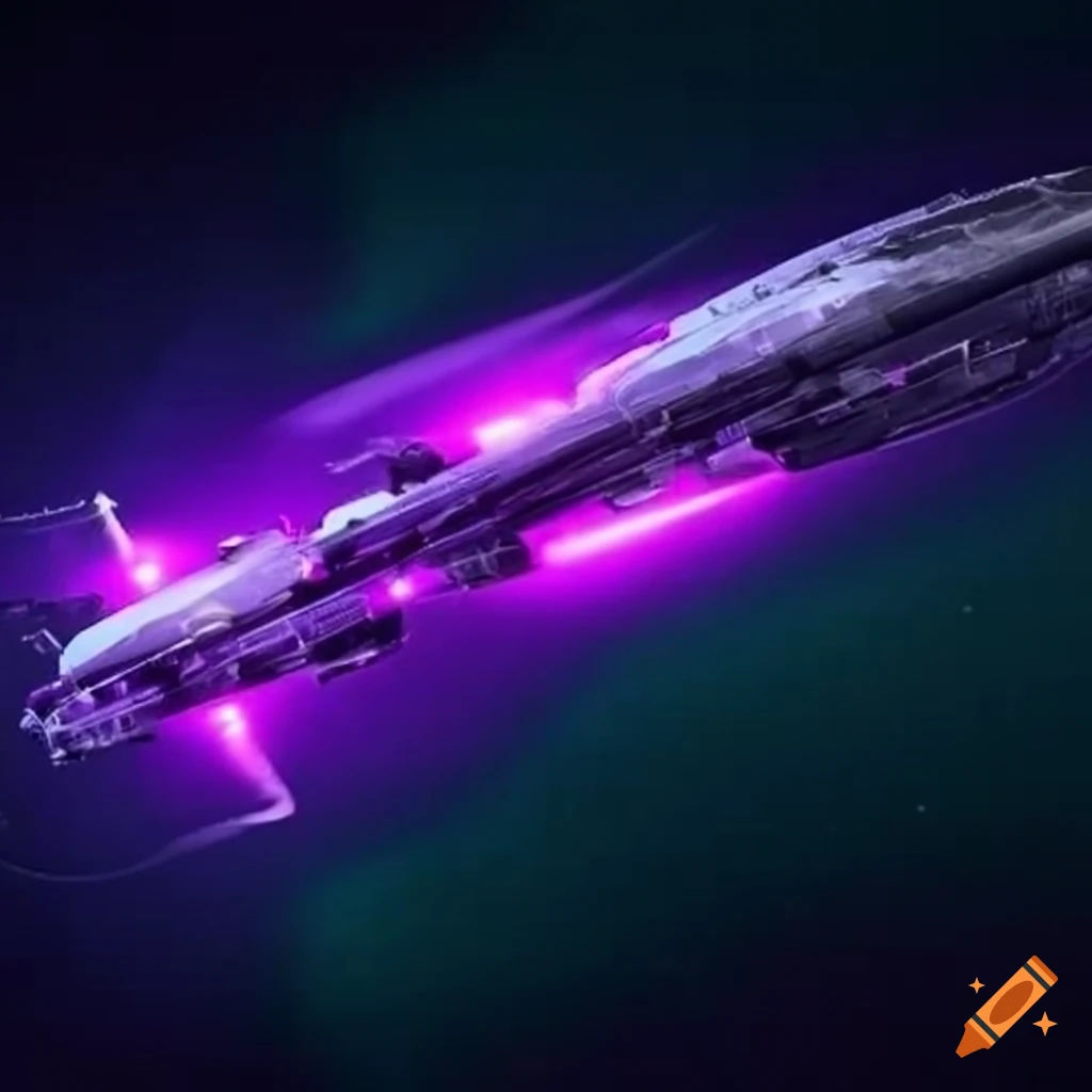 Glowing purple and shiny gray spaceship in space on Craiyon