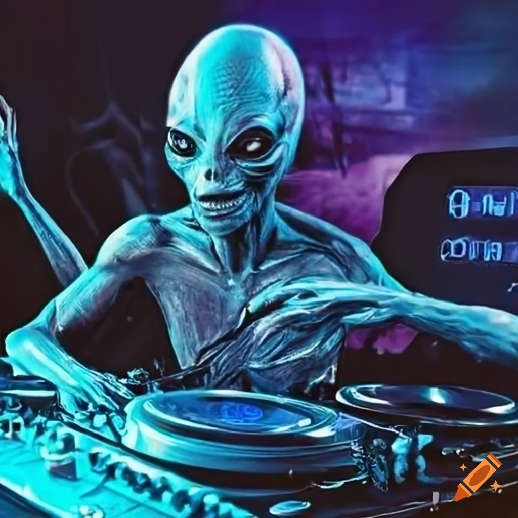 Extraterrestrial dj playing music at a party on Craiyon