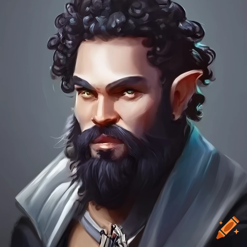 Portrait of a young adult dwarf male with scruffy beard and black curly ...