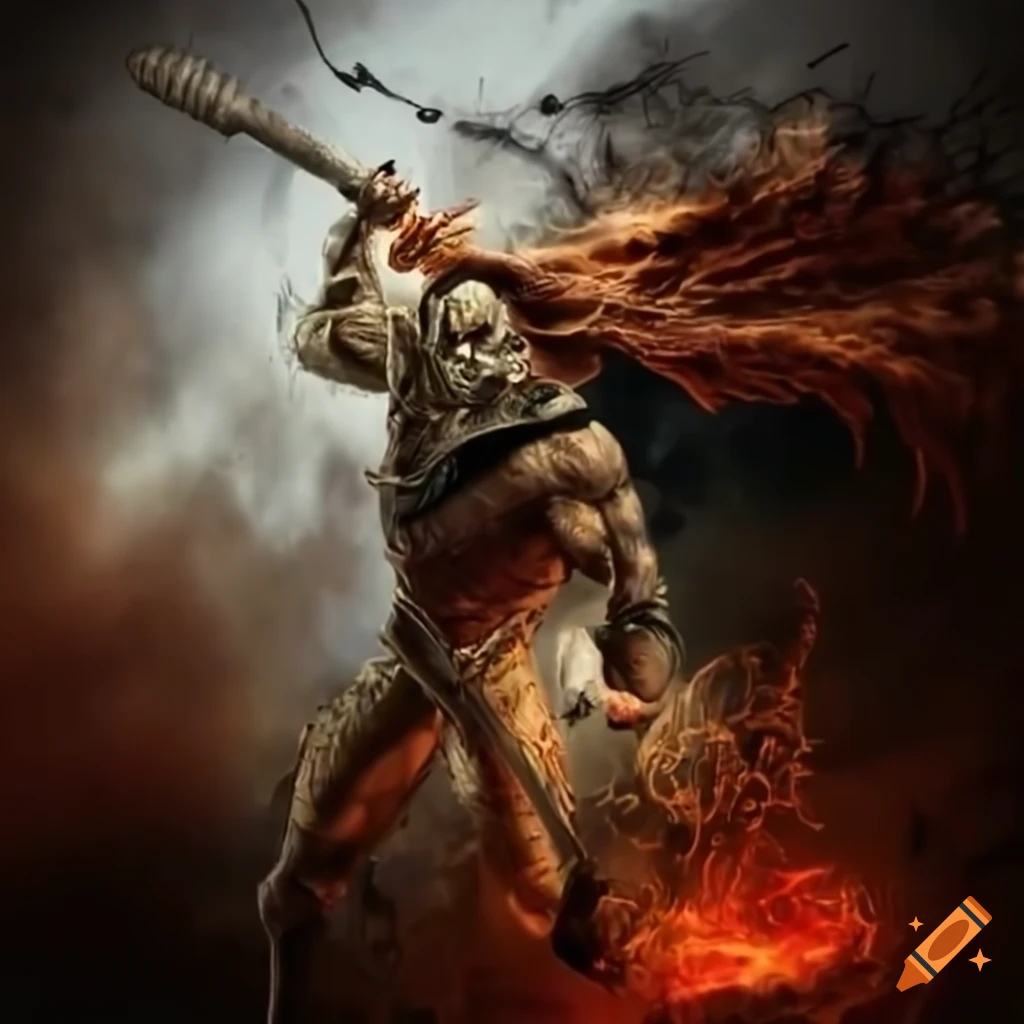 Intense action scene of a powerful warrior battling pelor on Craiyon