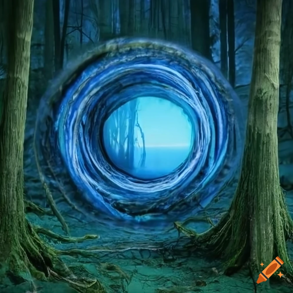Dense forest with a blue portal ring on Craiyon