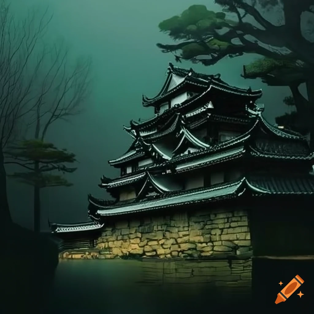 Traditional japanese castle in a dark forest on Craiyon