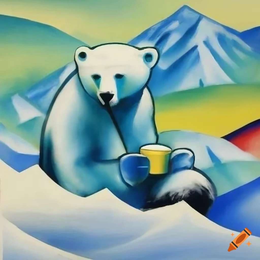 Snowy mountains in franz marc style with a polar bear holding a coffee ...