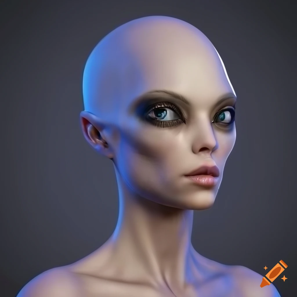 Ethereal high-resolution 3d render of a female alien face on Craiyon